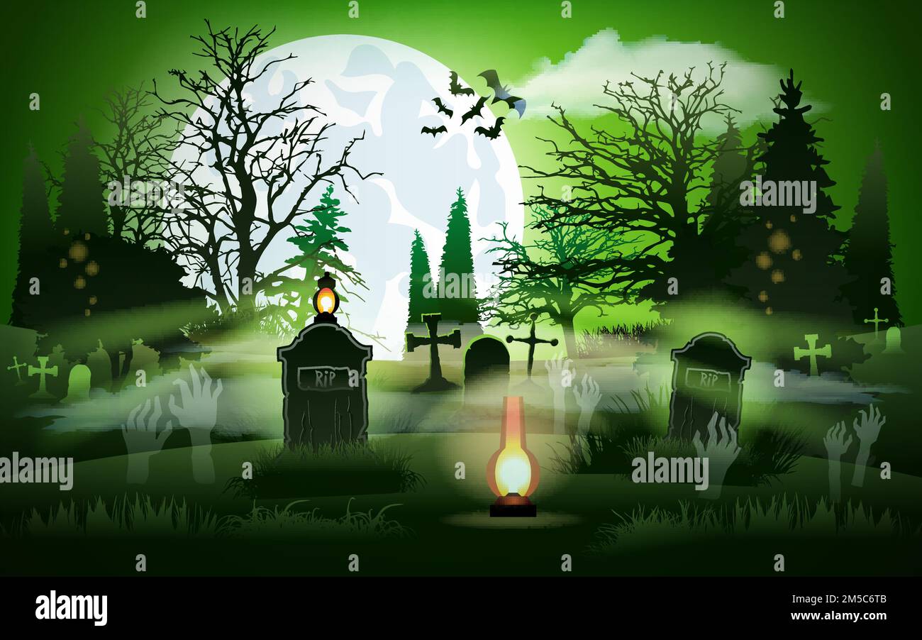 Halloween background. Graveyard cemetery tomb in forest with lamp. Vector illustration Stock ...