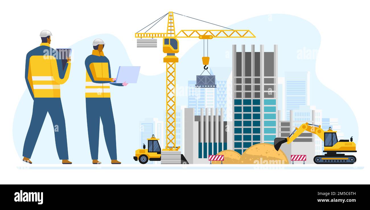 Male and female engineers in hard hats discuss new project while using ...