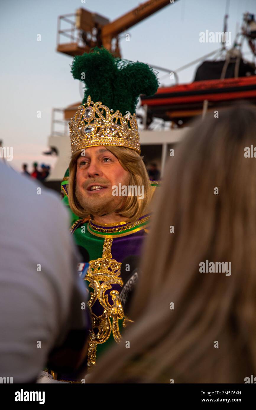 James Reiss III, crowned Rex, speaks to the media during Lundi Gras, at ...