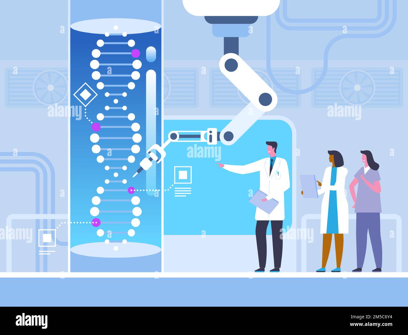 Genetic engineering flat vector illustration. Male and female doctors, scientists cartoon ...