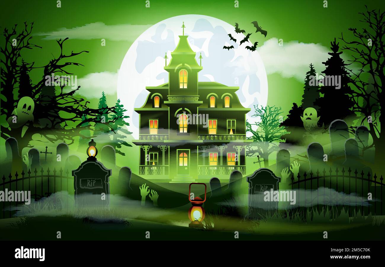 Halloween night background with dark castle cemetery crosses and bats at green lunar sky vector ...