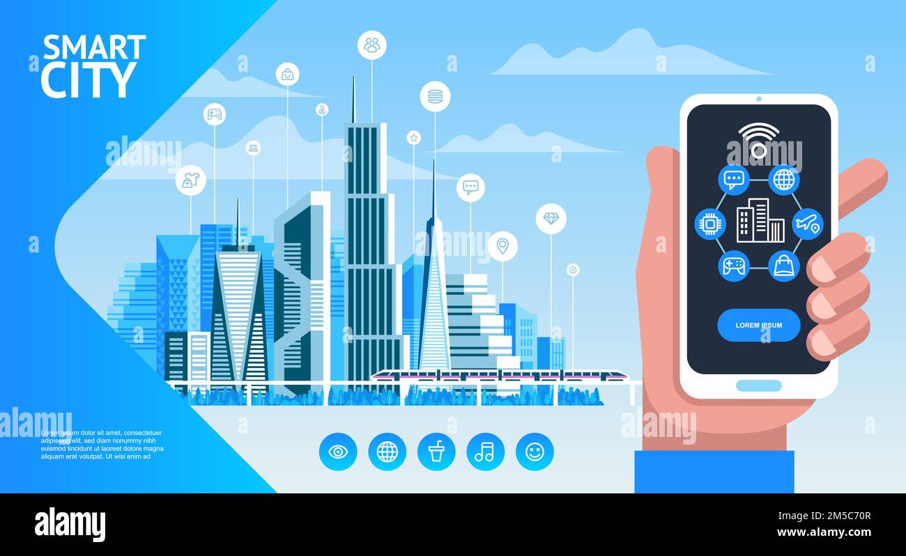 Smart city. Urban landscape with buildings, skyscrapers and transport ...