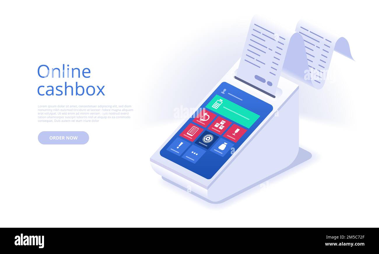 Vector isometric illustration of online cashbox. Electronic receipt or ...