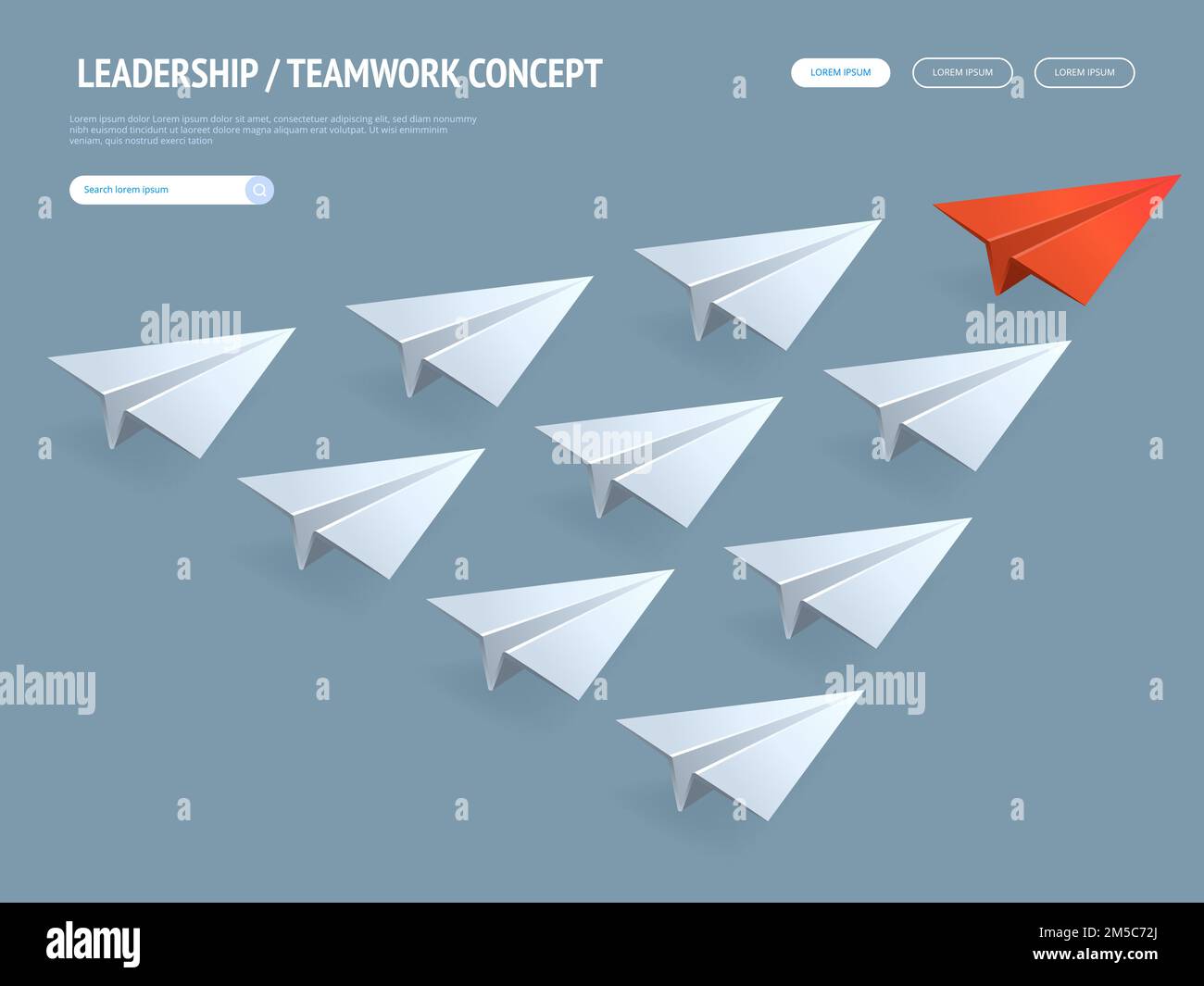 Unique red isometric paper plane and many white ones on sky background ...