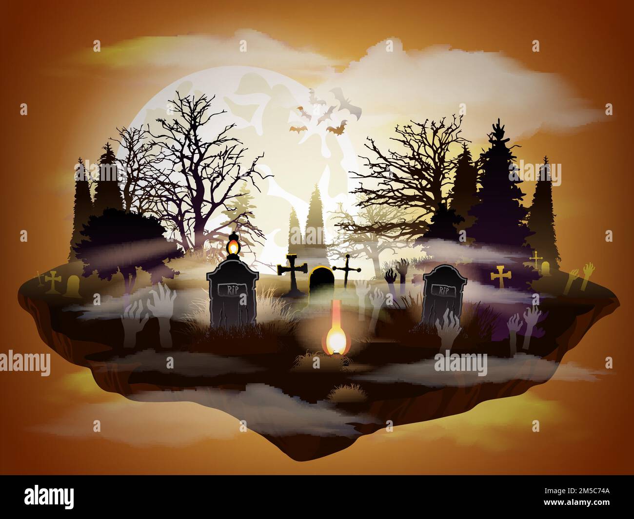 Night cemetery background with a crooked crosses and tombstones and the ...