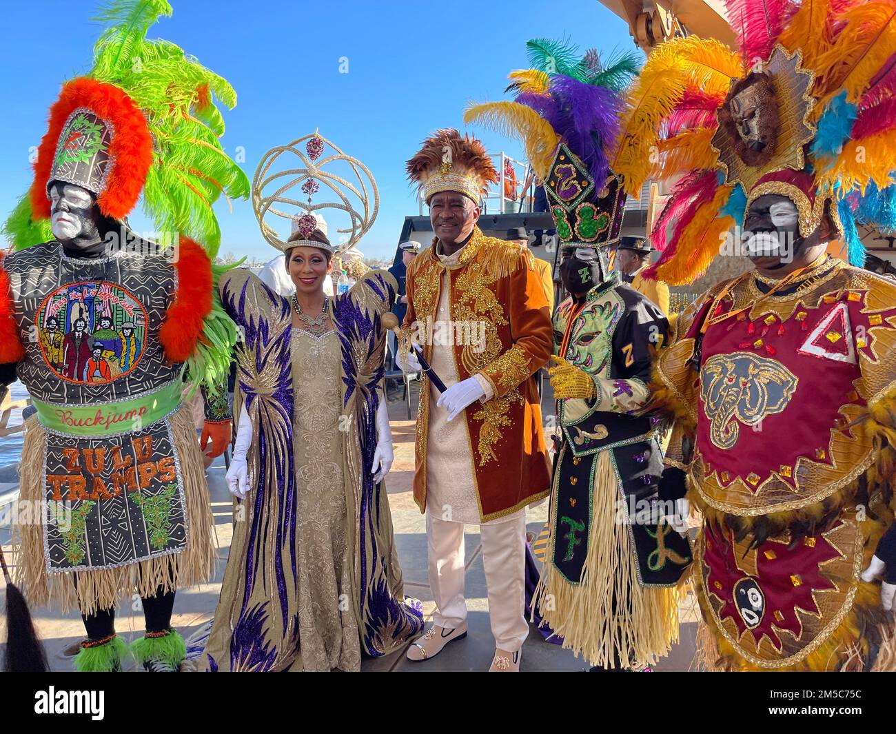 The king and queen of the Zulu Social Aid and Pleasure Club stand with fellow members aboard the ...