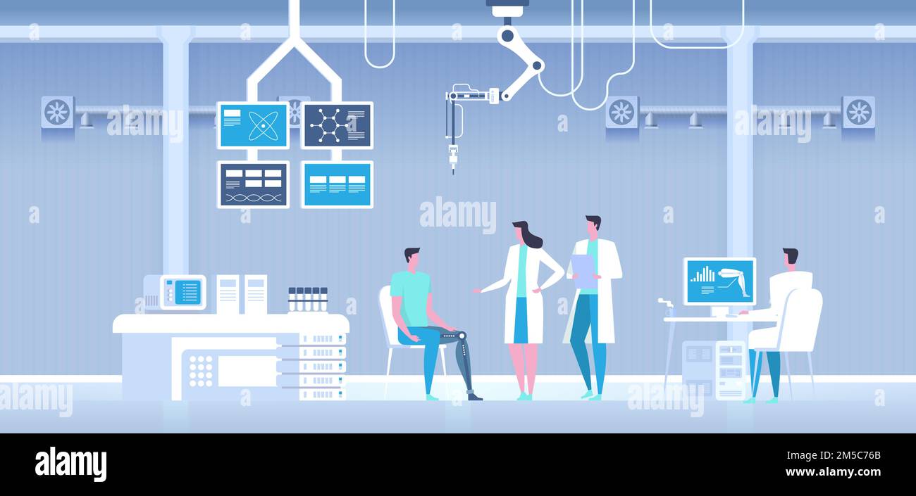 Science lab. Man with bionic leg as prothesis. Artificial foot. Future ...