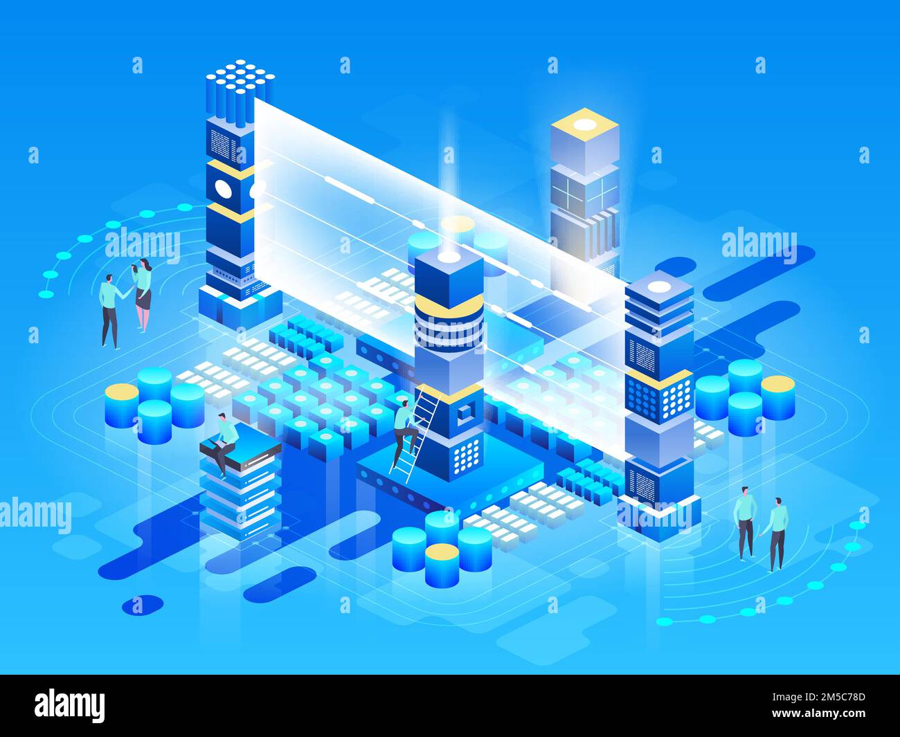 Isometric technology concept. Database Network Management. Big Data processing, energy station ...
