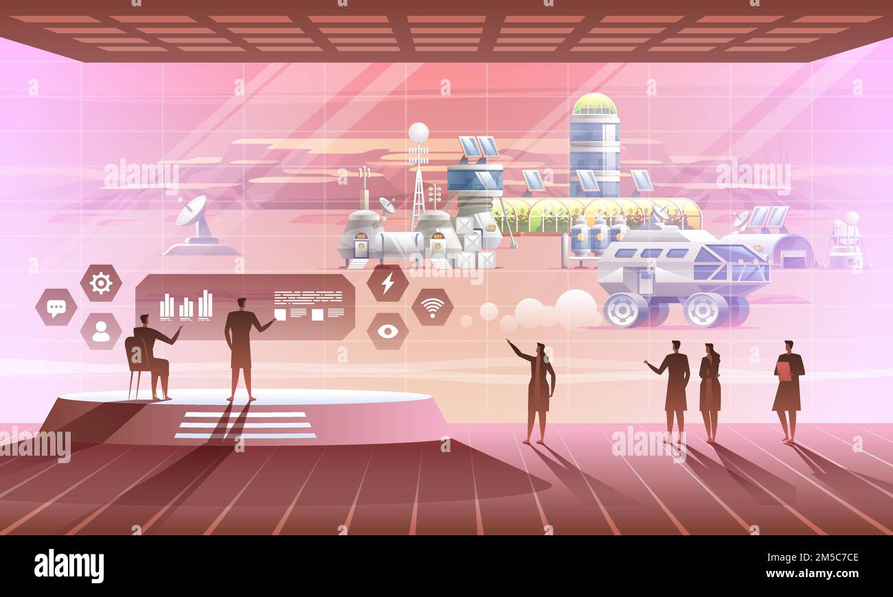 Interior of the space base with view on extraterrestrial settlement ...