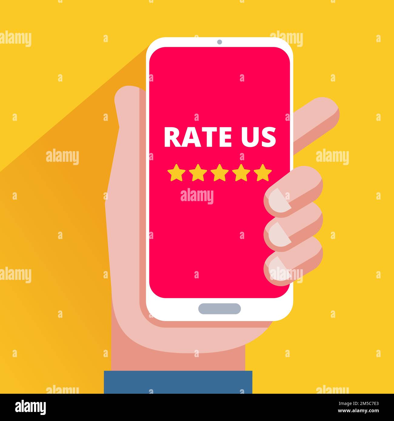 Hand holding smartphone with five star rating on screen. Rating and ...