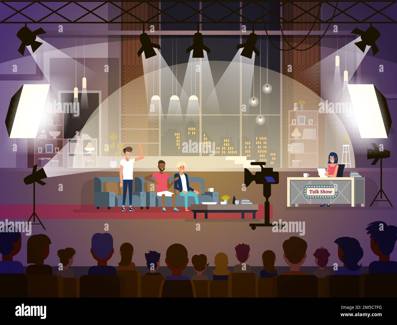 Talk show concept with three participants sitting on a couch and female ...