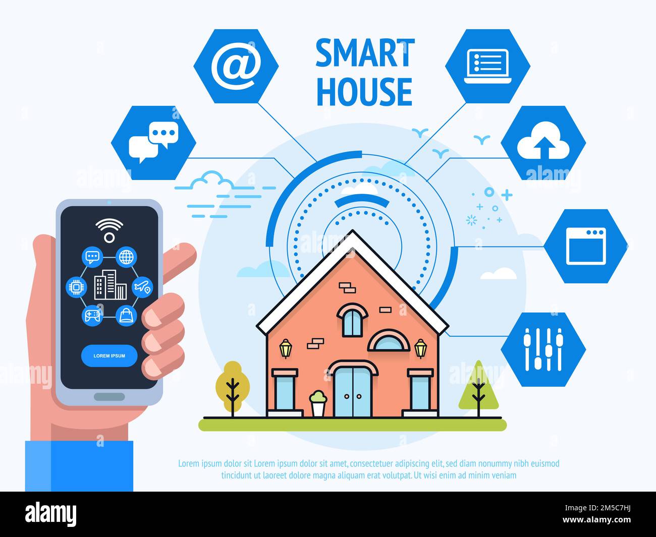 Smart House Technology Concept. Human hand holding smartphone with ...