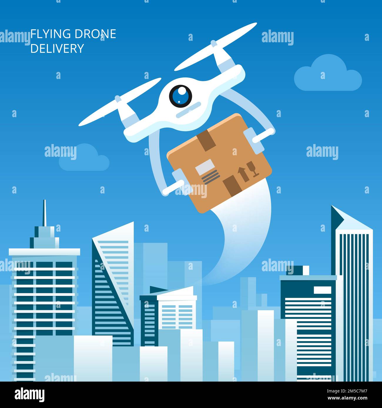 Drone delivery concept vector illustration. Quadcopter carrying a ...