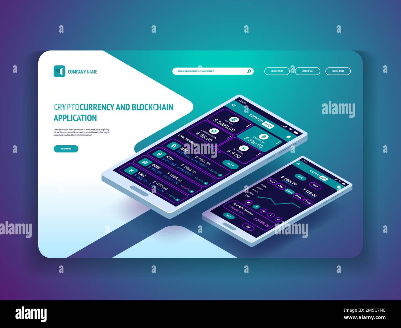 Cryptocurrency and blockchain application for smartphone. Header template for your website ...