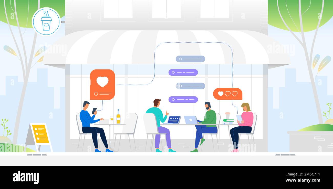 Networking people concept. Young people in cafe. Social networking and ...