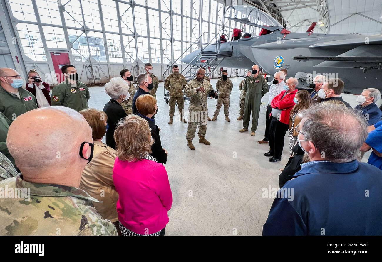 A 96th Test Wing Airman speaks to community leaders about the F-15EX ...