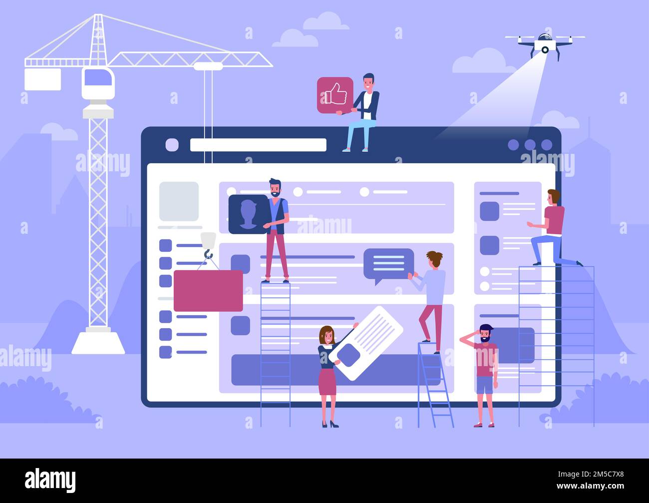 Web design and development. Site under construction. A team of young professionals working on a ...