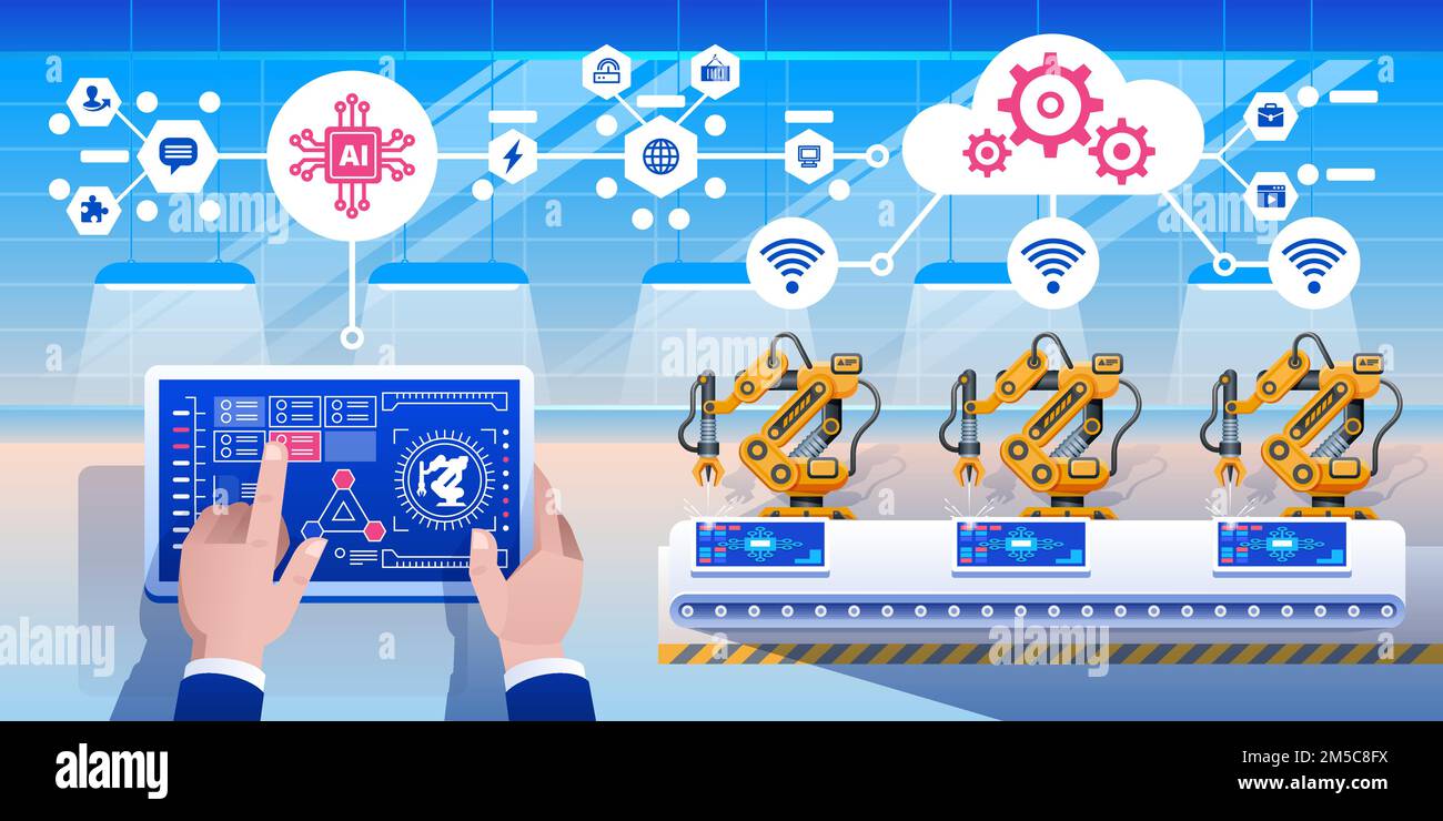 Smart Industry 4 0 Infographic Man Connecting With A Factory Using
