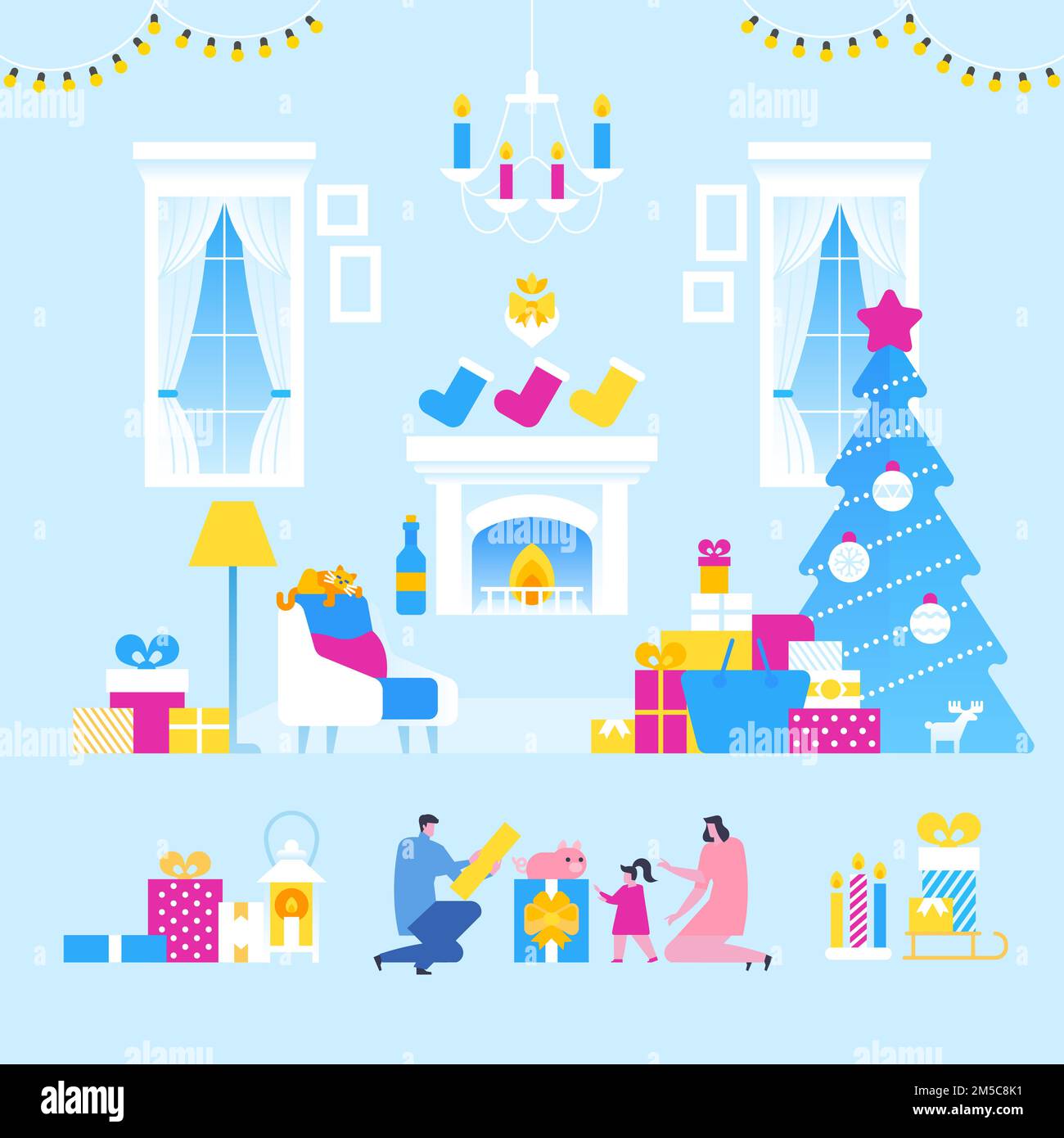 Family christmas celebration. Christmas room interior with parents and ...