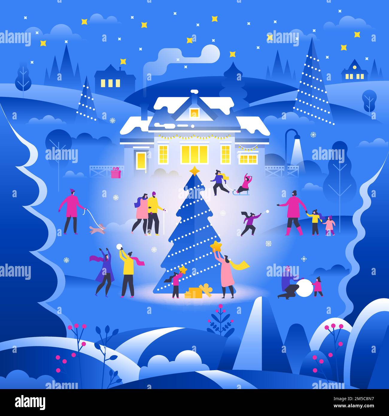 Winter landscape with tiny people walking on suburban street and performing outdoor activities ...