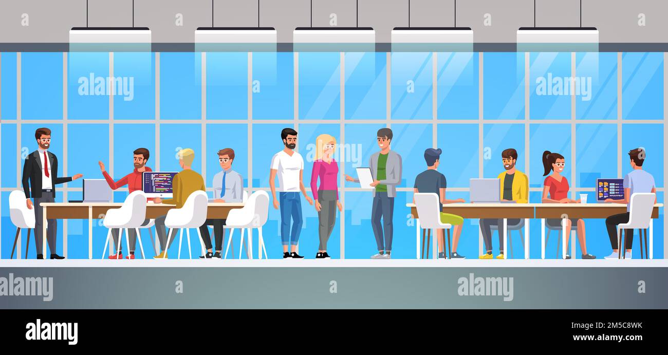 Business team in an office on a city background. Vector illustration ...