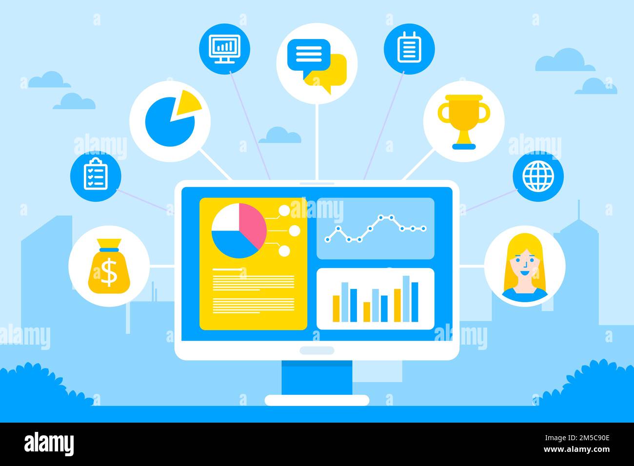 CRM concept design. Flat icons of accounting system, clients, support ...