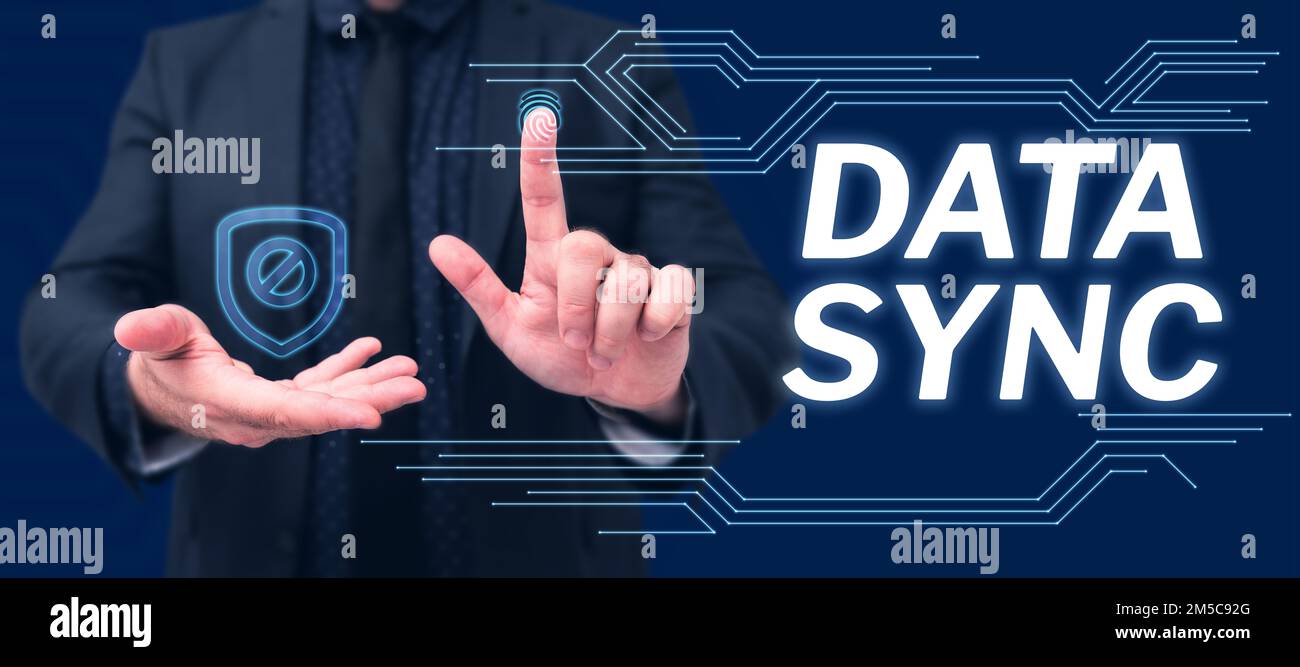 Text sign showing Data Sync. Internet Concept data that is continuously ...