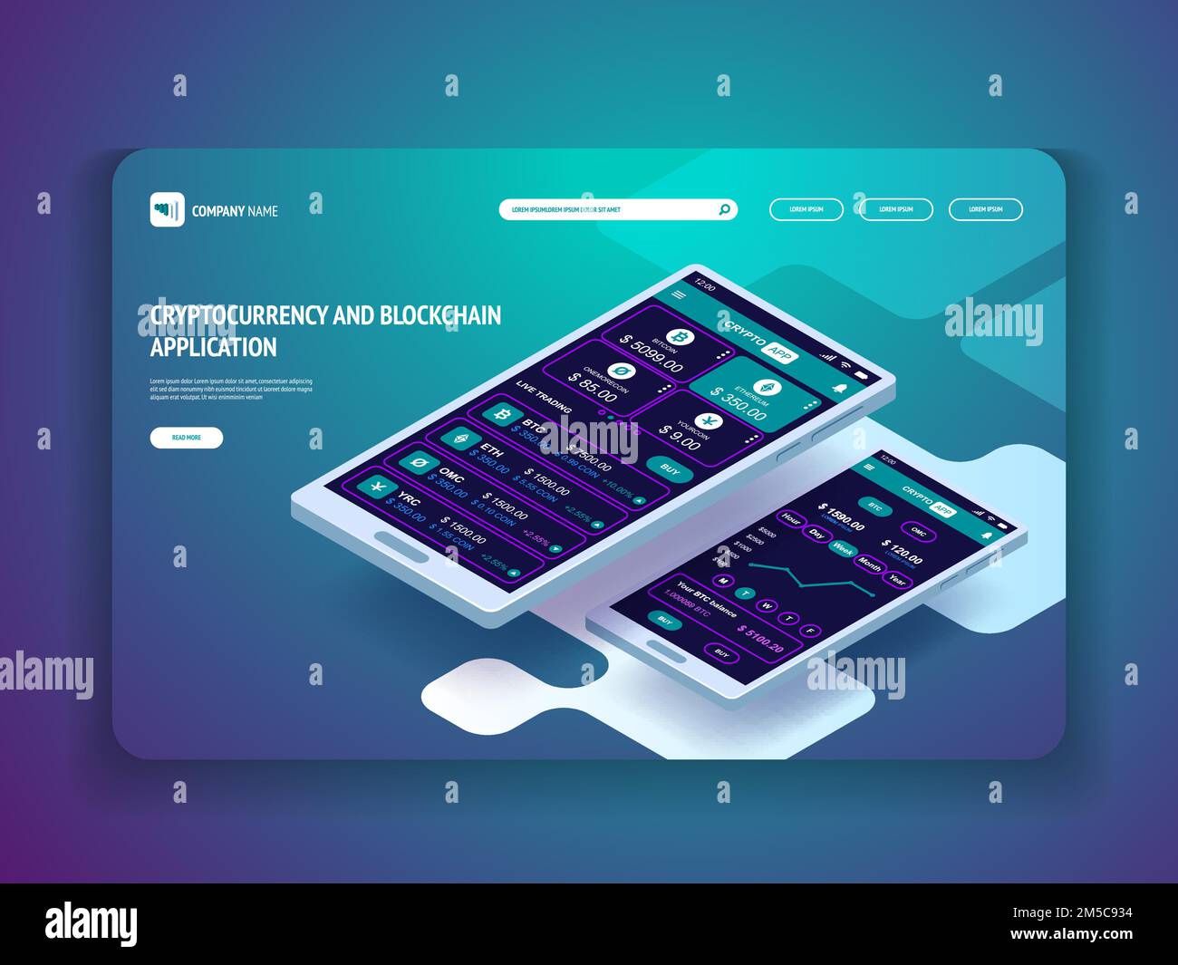 Cryptocurrency and blockchain application for smartphone. Header template for your website ...