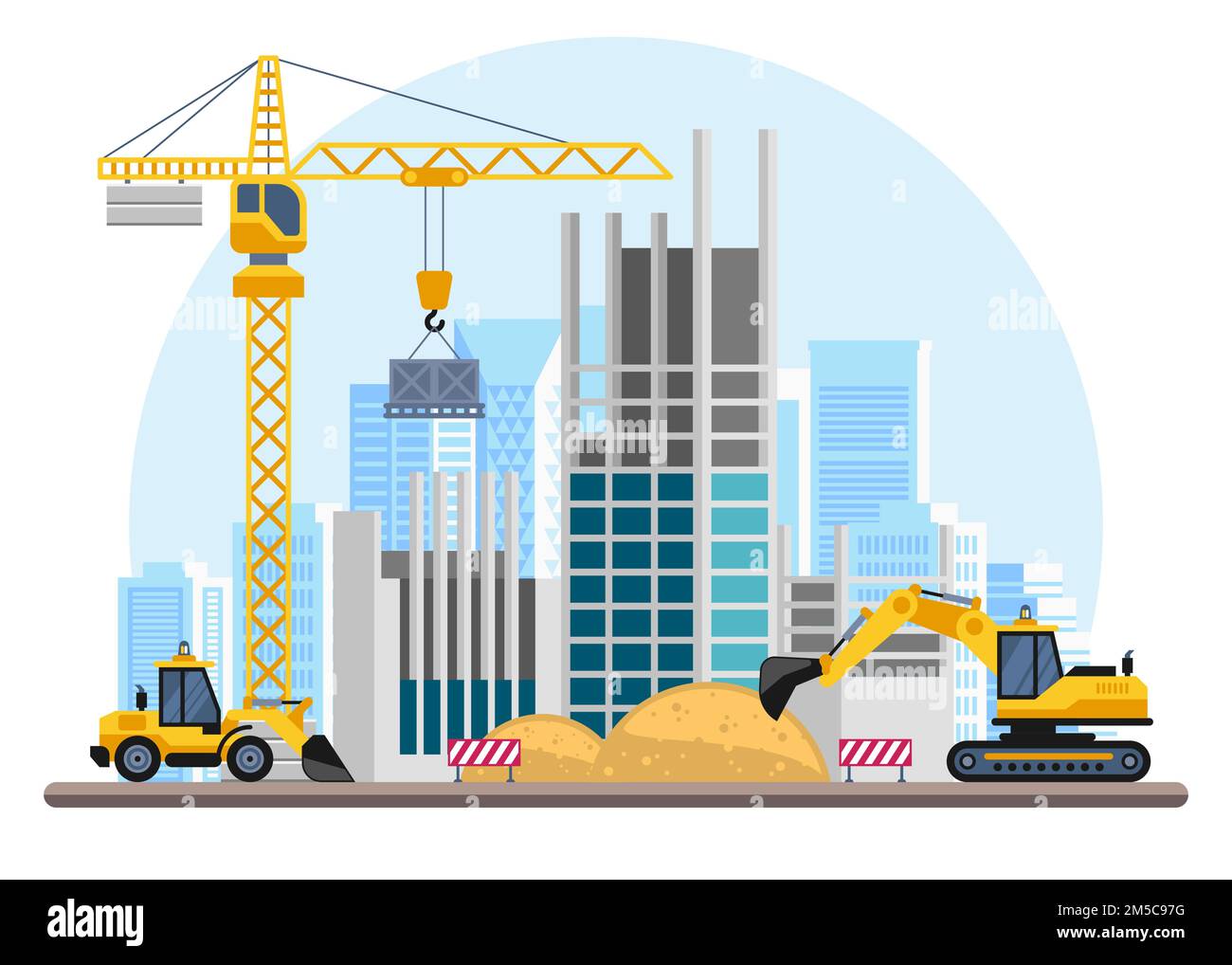 Building work process with houses and construction machines. Vector ...
