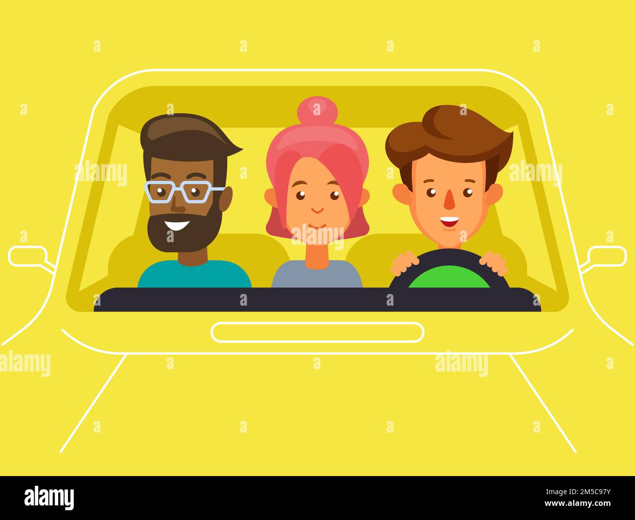 Cool flat vector illustration on carpool with driver and passengers ...