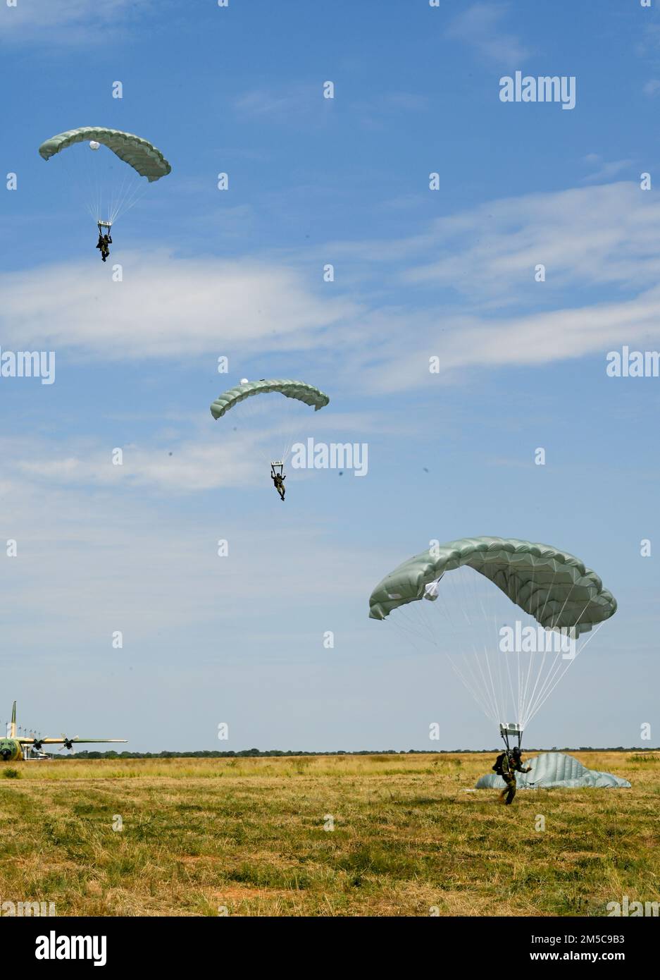 Soldiers from the Botswana Defense Forces conduct an aerial freefall ...
