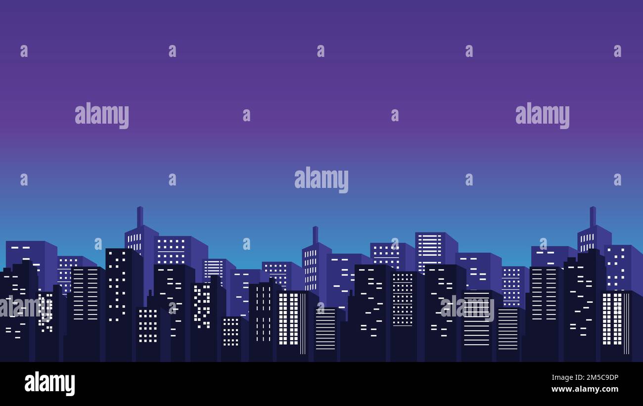 Night view of city center with tall office buildings. City vector ...