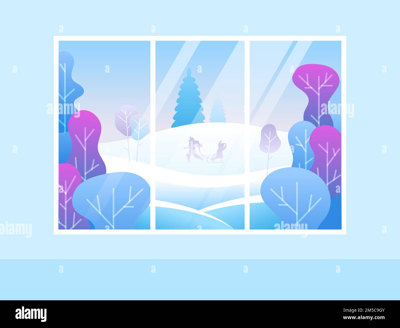 Winter Merry Christmas window with a view of the snowy forest. Holiday ...