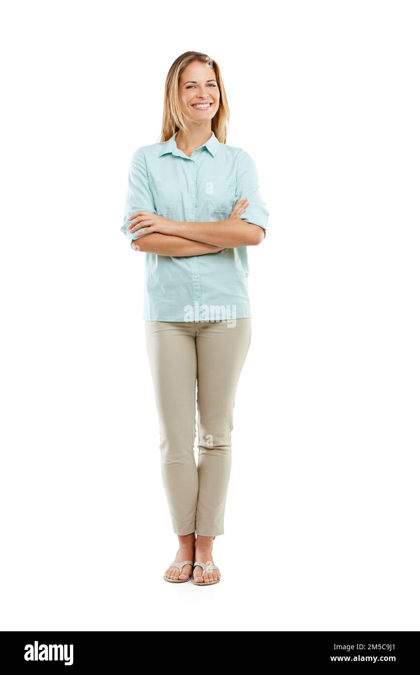 I choose to be happy today. a happy woman posing against a white ...