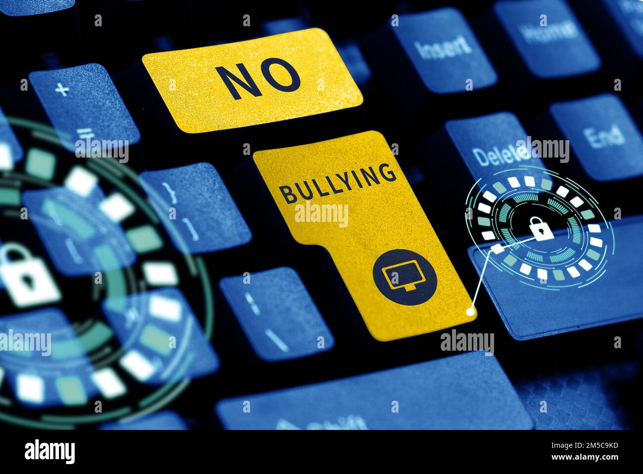 Hand writing sign No Bullying. Word for stop aggressive behavior among ...