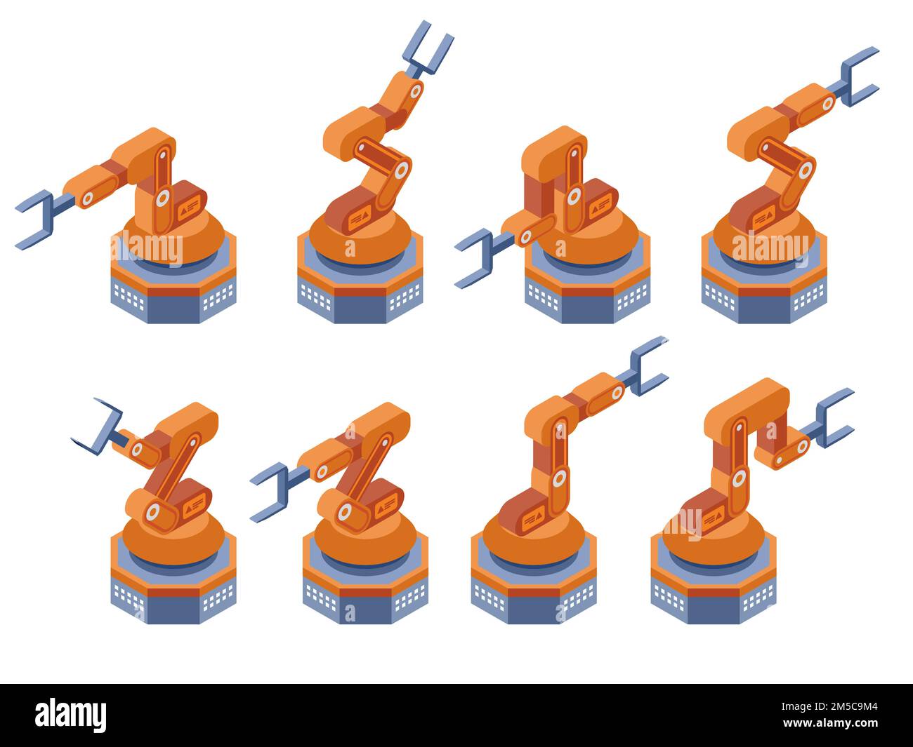 Industrial robotic arms manufacture technology assembly equipment vector set. Industry assembly ...