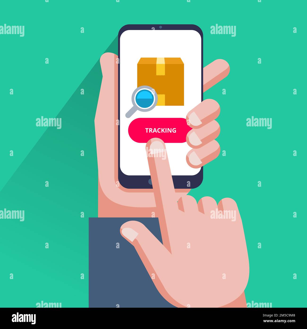 Parcel tracking. Hand holding smartphone with cardboard package ...