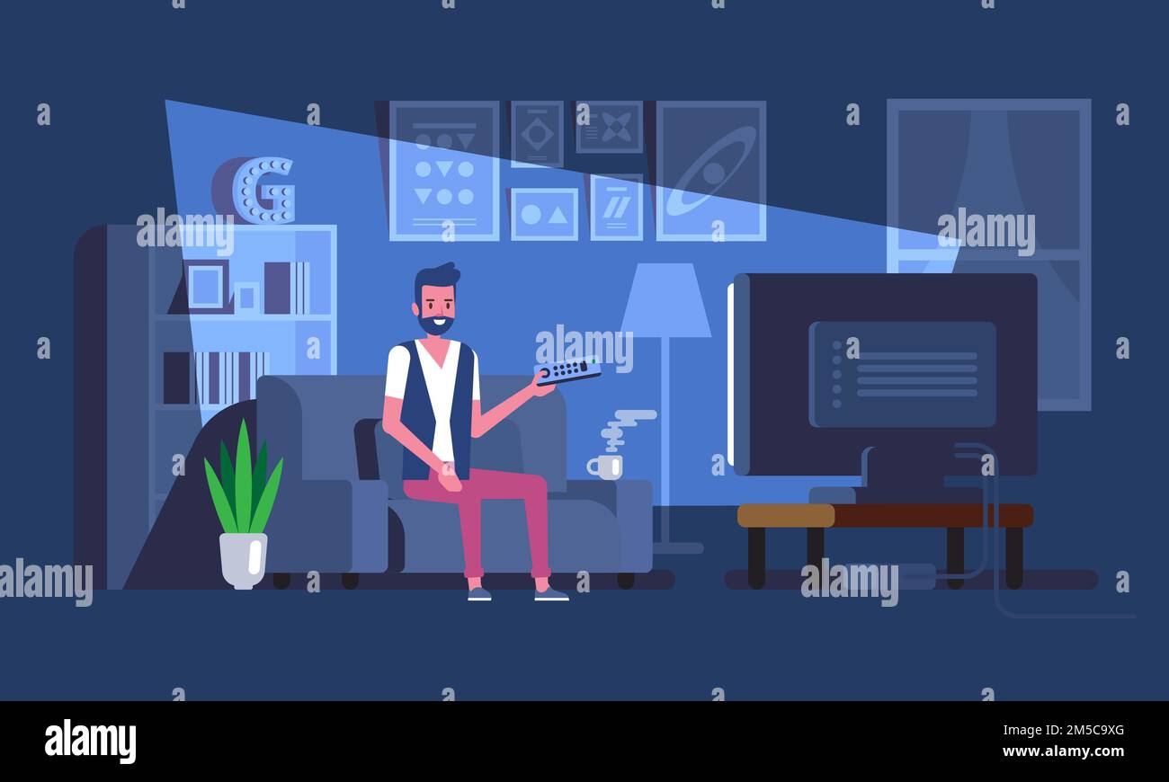 Man watches TV on sofa Watching TV and relax at home on couch Vector ...