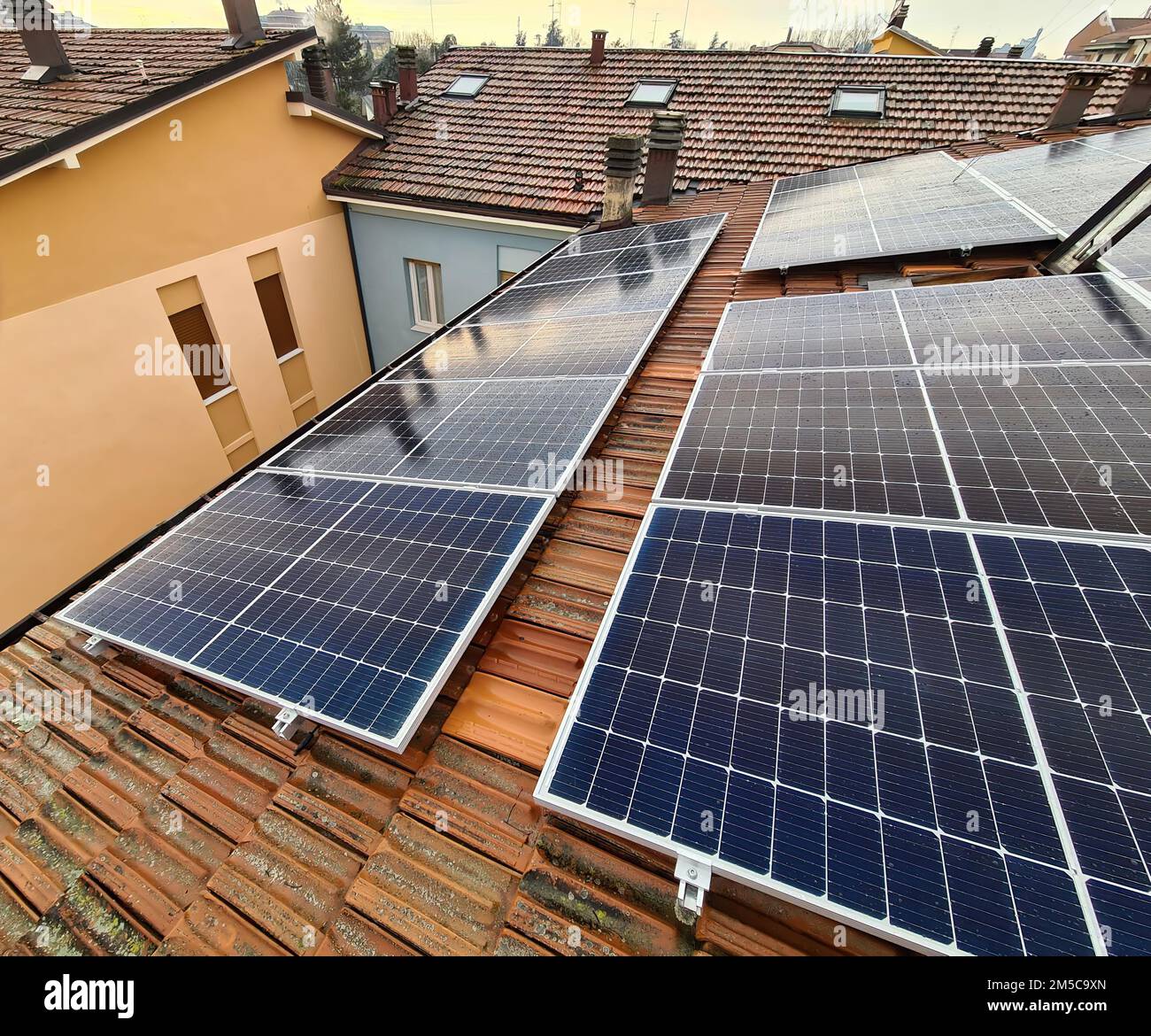 Solar panels modules mounted on roof. Solar power station. Alternative ...