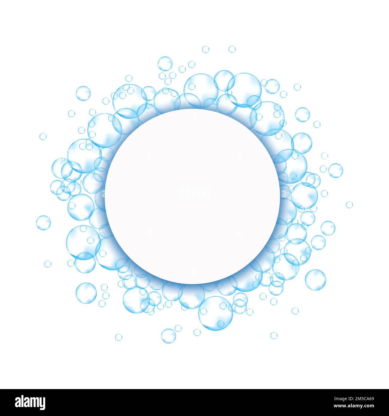 Effervescent soap bubbles frame. Blue foam suds isolated on white background. Realistic vector ...