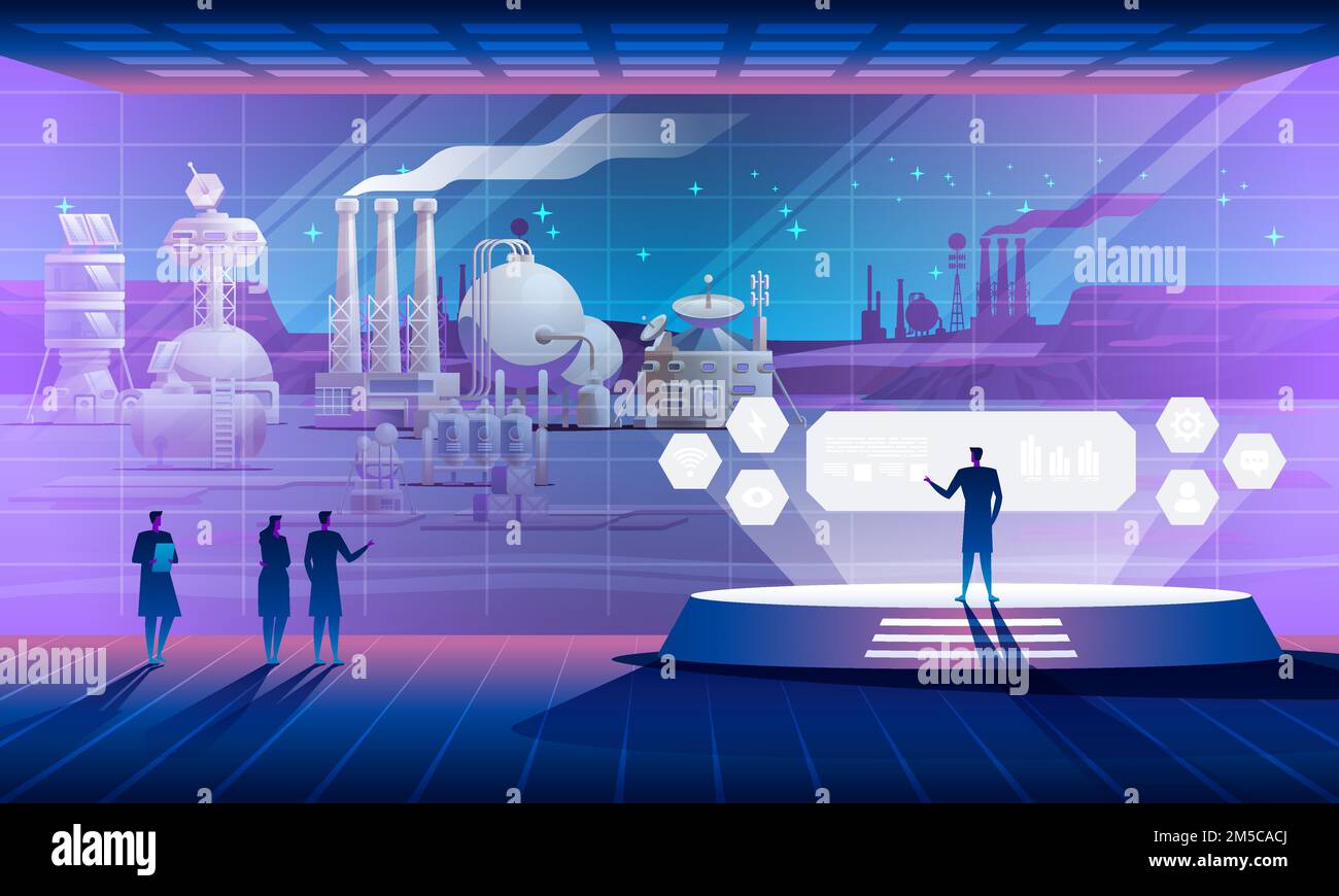 Interior of the space base with view on extraterrestrial settlement ...