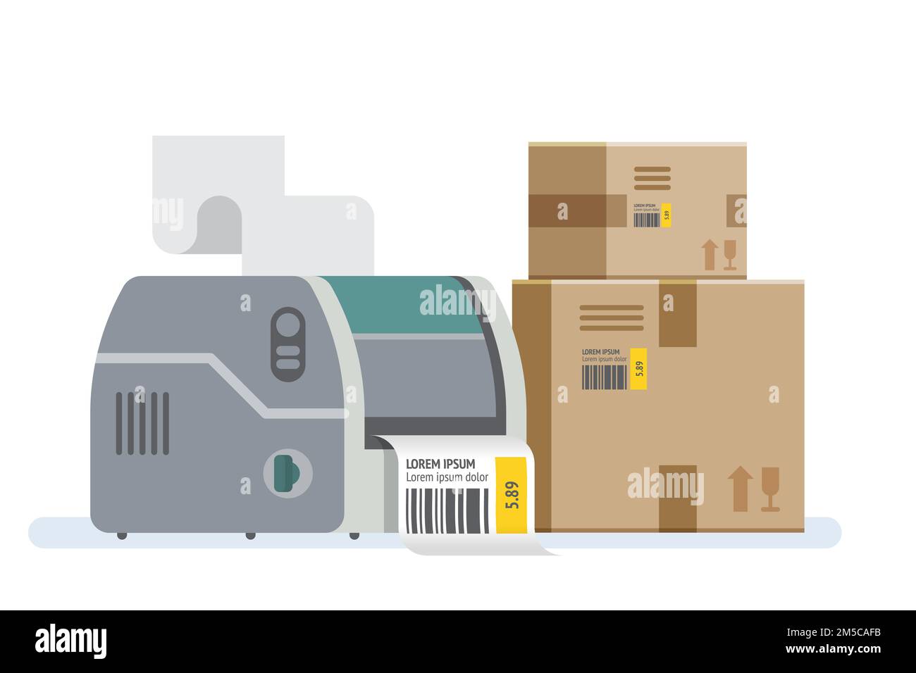Label printer with boxes. Packaging boxes marked with a bar code ...