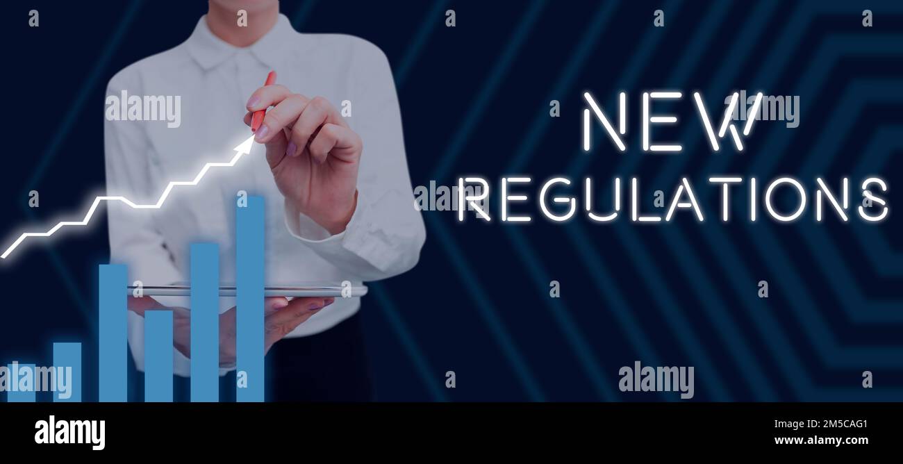 Writing displaying text New Regulations. Business overview Regulation controlling the activity ...