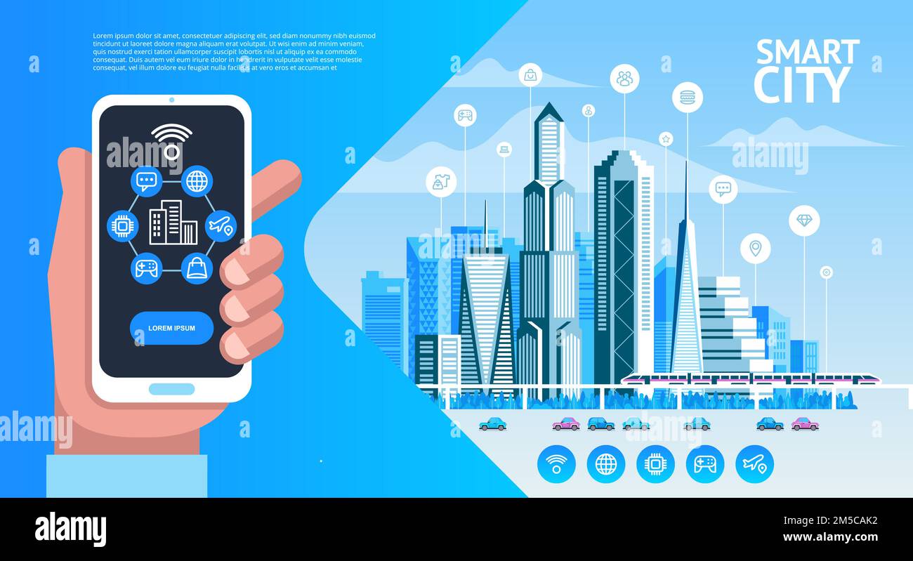 Smart city. Urban landscape with buildings, skyscrapers and transport ...