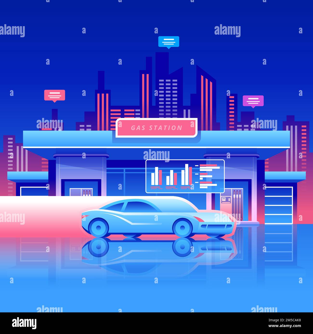 Vector illustration of the gas station with car in front of it ...