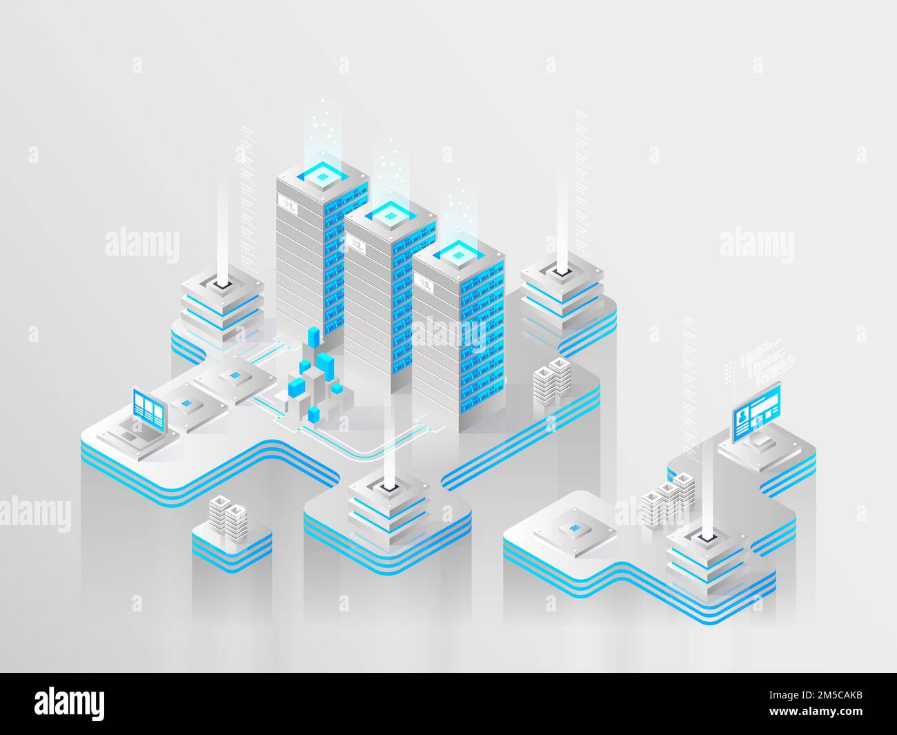 Big modern data center, server room, cloud data storage files service, data processing isometric ...