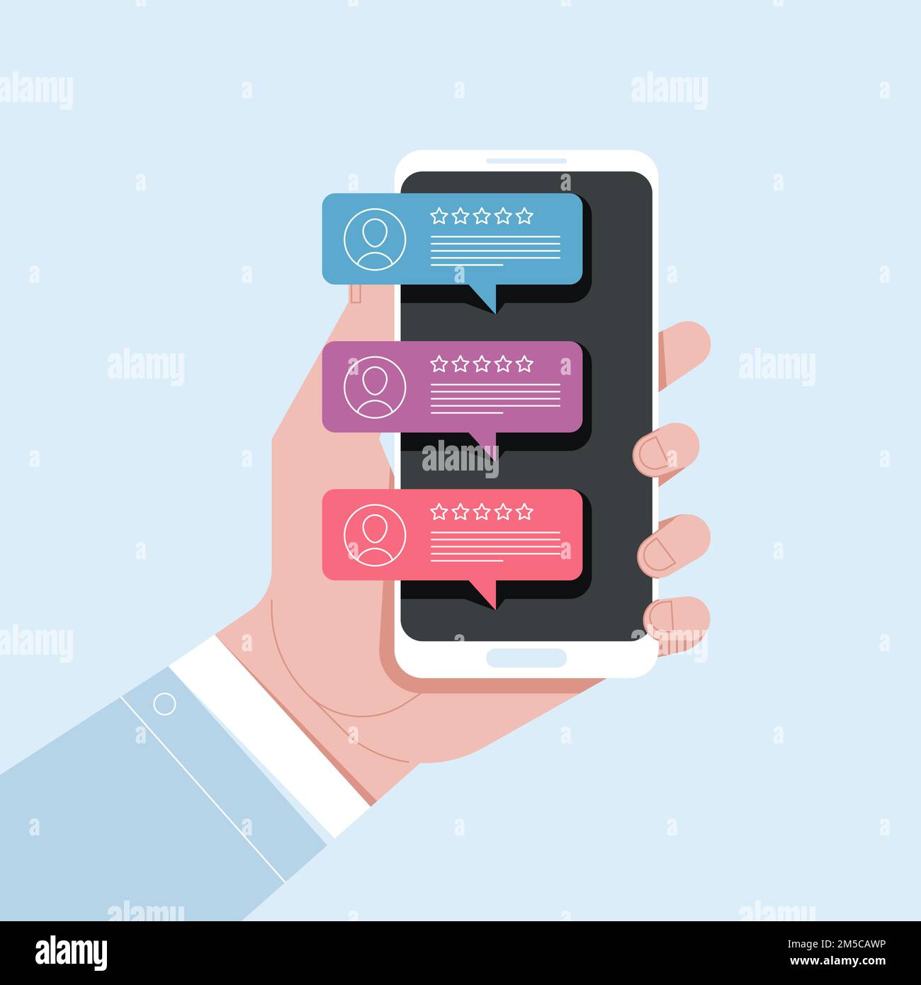 Review rating bubble speeches on mobile phone vector illustration, flat ...