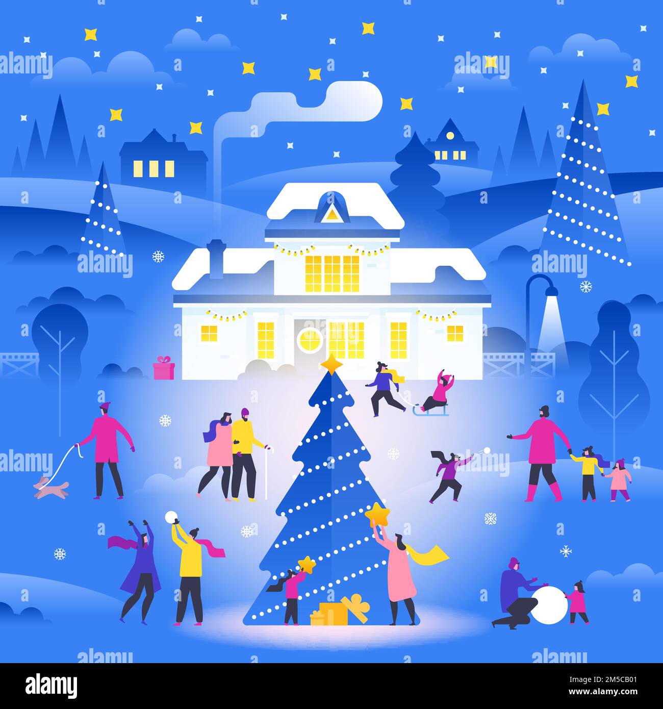Winter landscape with tiny people walking on suburban street and ...