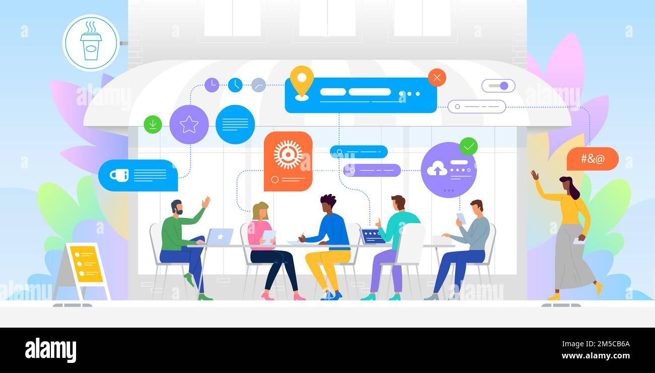 Networking concept. Group of friends in cafe. Young people social ... Networking concept. Group of friends in cafe. Young people social ...