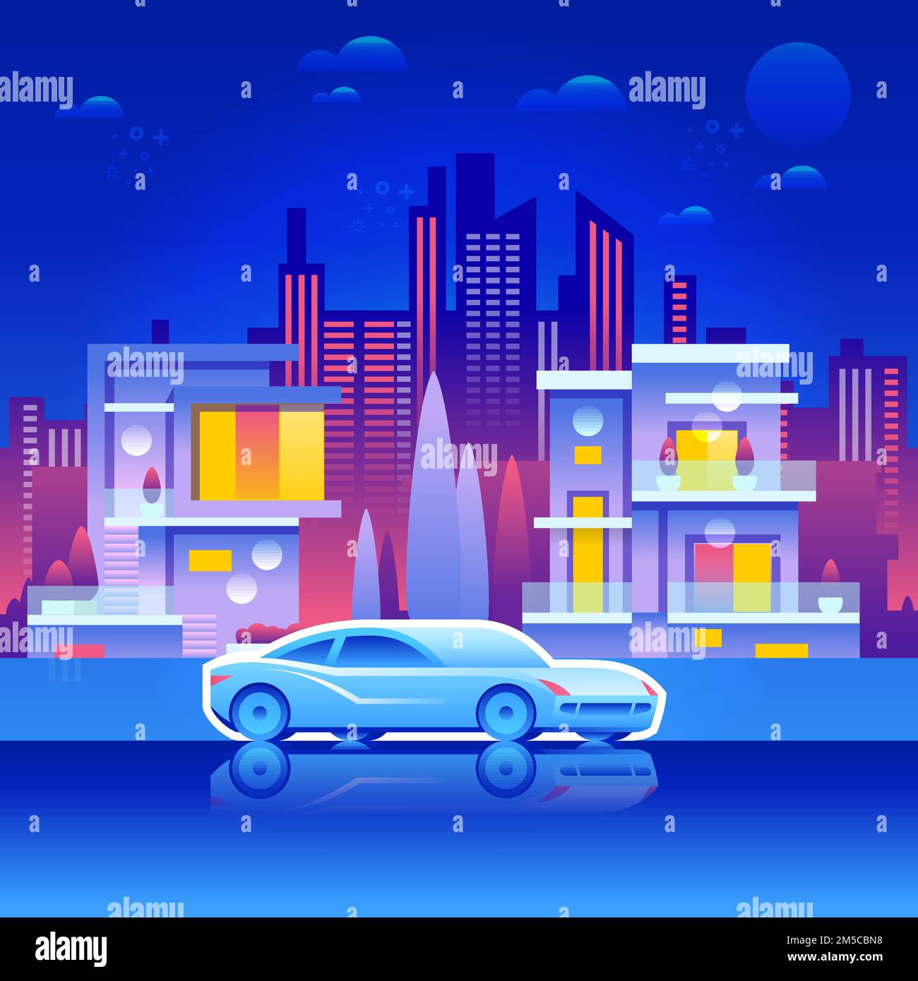 Vector illustration of the city of the future. Car in the foreground is ...